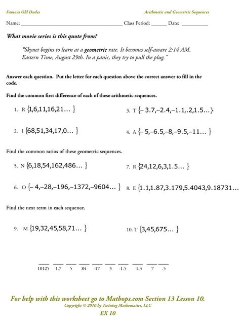 Arithmetic And Geometric Sequences Word Problems With Answers Pdf Brennatehart