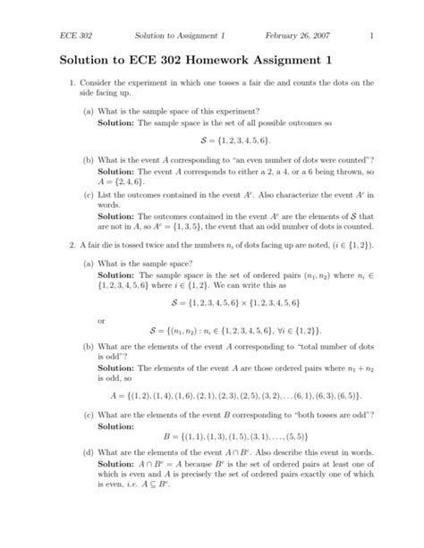 Ece 302 Homework 1 Solution Probability And Sample Spaces