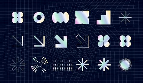 홀로그램 호일 스티커 Holo 엠블럼 태그 템플릿에는 무지개 빛깔의 색상 그라데이션 기하학적 기호 및 Y2k 스타일의 개체가 있습니다 0명에 대한 스톡 벡터 아트 및 기타