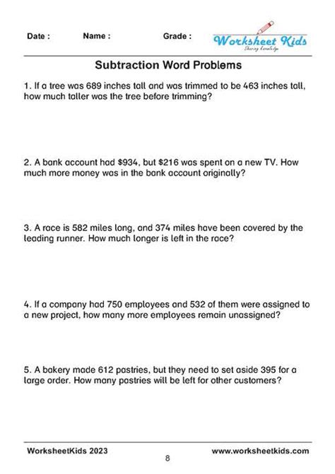 Subtraction Word Problems Worksheets Kindergarten To Grade 6 Worksheets Library