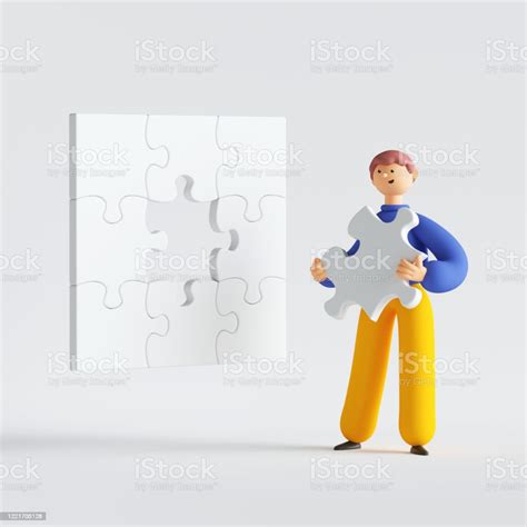 3d 렌더링 퍼즐 조각을 들고 남자 만화 캐릭터 미소 서 문제를 해결하려고 흰색 배경에 격리 된 클립 아트 복사 공간이 있는 빈 모형 3차원 형태에 대한 스톡 사진 및 기타