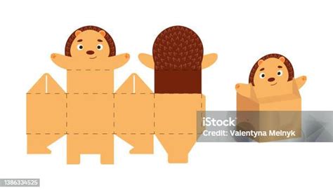 과자 사탕 작은 선물에 대한 귀여운 파티 호의 상자 고슴도치 디자인 어떤 목적을 위한 Diy 패키지 템플릿 생일 베이비 샤워 크리스마스 인쇄 컷아웃 접기 접착제 벡터 스톡