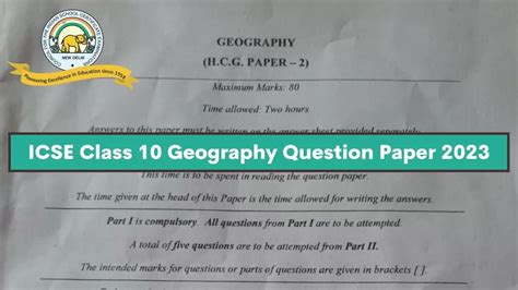 ICSE Class Geography Question Paper Download PDF