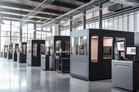 Modern 3d Printing Facility With Multiple Machines Creating Complex Objects From Various