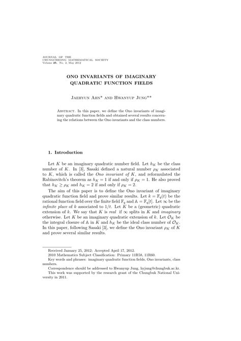 Pdf Ono Invariants Of Imaginary Quadratic Function Fields