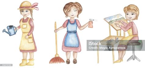 어린이 캐릭터 컬렉션 귀여운 스타일의 다양한 직업 세트 Abc 직업 일러스트 수채화 어린이 교육 그래픽 Housekepper 일러스트 레이터 예술가 정원사 클립 아트