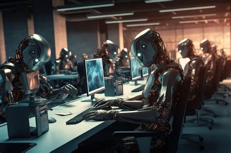 Ai Robots Using Multiple Computers Working Monitoring Data In Office Generative Ai Stock