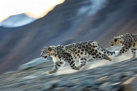Premium Photo A Couple Of Snow Leopards Running Across A Rocky Field