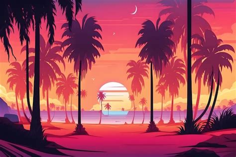 Premium Ai Image Synthwave Neon Landscape With Palm Trees And Sunset