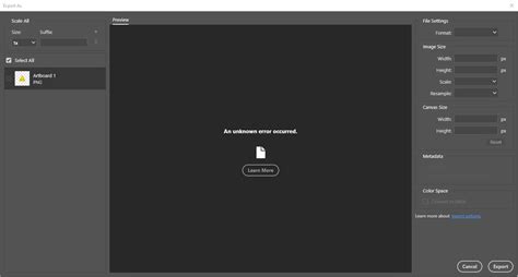 Solved Export Artboard An Unknown Error Accured Adobe Product