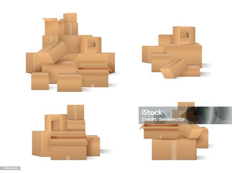 품목 및 상품의 포장 및 우편 배송 서비스를 위한 판지 상자 스택 텍스트를 위한 복사 공간이 있는 벡터 포장 이사를 위한 빈 종이 봉지 또는 덕트 테이프로 운송하기 위한