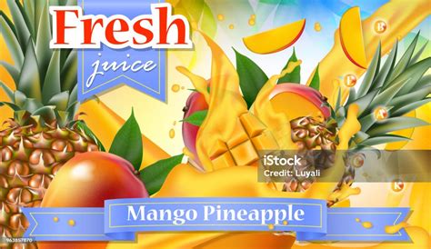 벡터 광고 3d 프로 모션 배너 현실적인 망고 및 파인애플 튀는 떨어지는 조각 주스 방울 비타민 주스 아이스크림 요구르트를 위해 모의 브랜드 광고 0명에 대한 스톡 벡터