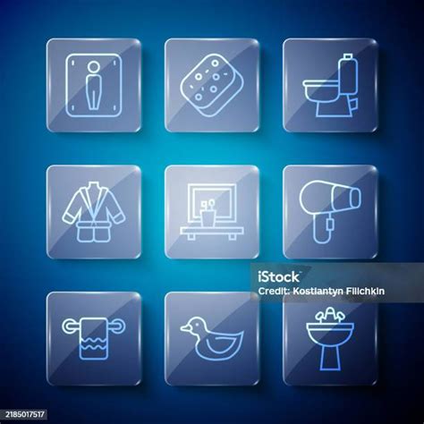 옷걸이에 수건 고무 오리 수도꼭지가 있는 세면대 변기 거울 목욕 가운 남성 화장실 및 헤어 드라이어 아이콘을 설정합니다 벡터 0명에 대한 스톡 벡터 아트 및 기타 이미지
