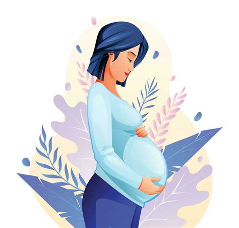Pregnant Woman Hugging Her Belly On Natural Background With Leaves Vector Cartoon Illustration