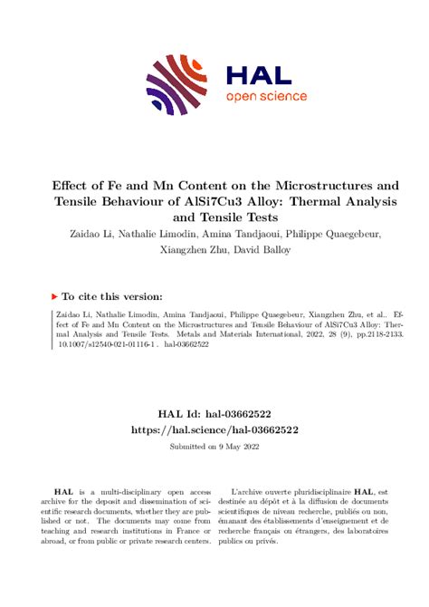 Pdf Effect Of Fe And Mn Content On The Microstructures And Tensile Behaviour Of Alsi7cu3 Alloy