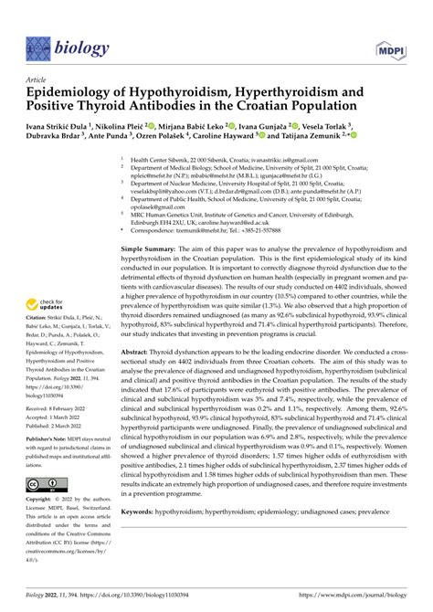 Pdf Epidemiology Of Hypothyroidism Hyperthyroidism And Positive Thyroid Antibodies In The
