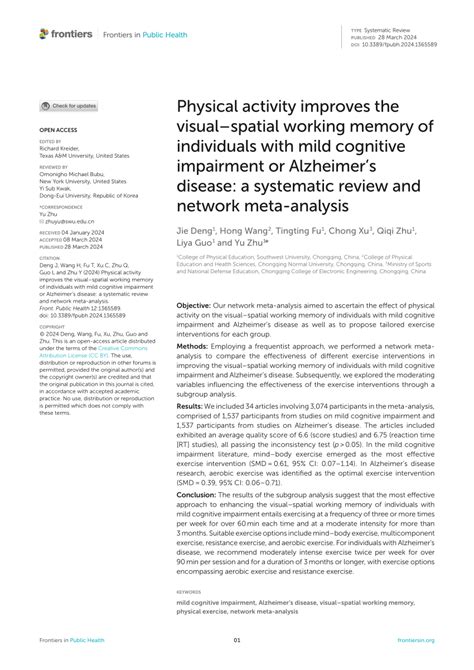 Pdf Physical Activity Improves The Visualspatial Working Memory Of Individuals With Mild