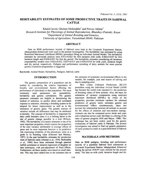Pdf Heritability Estimates Of Some Productive Traits In Sahiwal Cattle