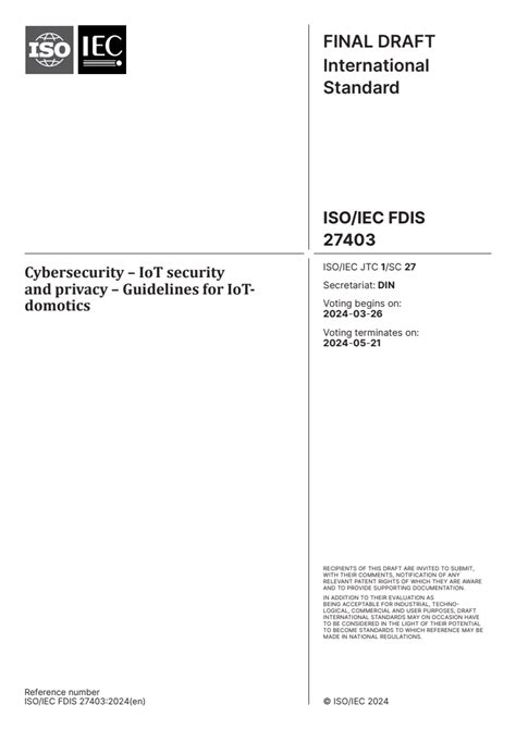 ISO IEC FDIS 27403 Cybersecurity IoT Security And Privacy Guidelines For IoT Domotics