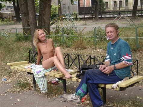 Russian Blonde Elena Posing On A Bench With Drunkard Russian Sexy Girls