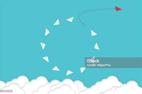 다른 개념을 생각합니다 빨간색 비행기 는 방향을 변경합니다 새로운 아이디어 변화 추세 용기 창의적인 솔루션 혁신 및 독특한 방법 개념 개념에 대한 스톡 벡터 아트 및 기타