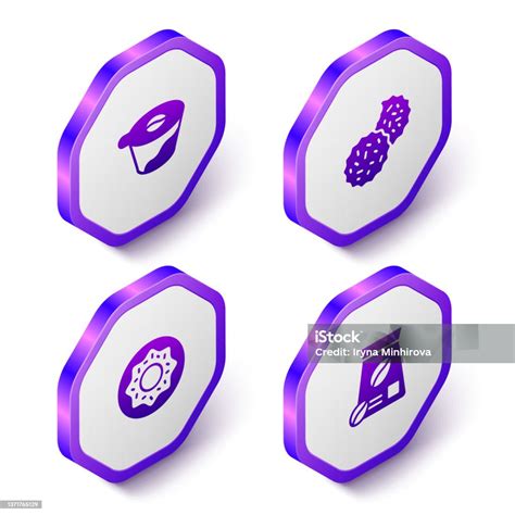 커피 메이커 쿠키 또는 비스킷 도넛 및 가방 콩 아이콘 위에 Isometric 부어 설정합니다 보라색 육각 버튼 벡터 3차원 형태에 대한 스톡 벡터 아트 및 기타 이미지