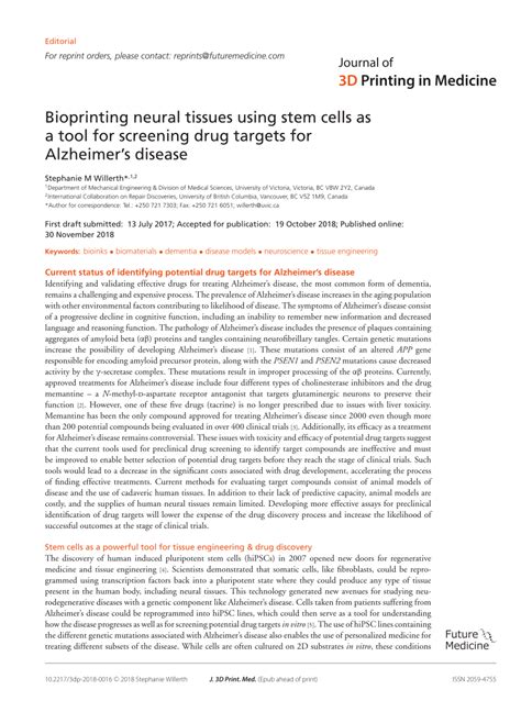Pdf Bioprinting Neural Tissues Using Stem Cells As A Tool For Screening Drug Targets For