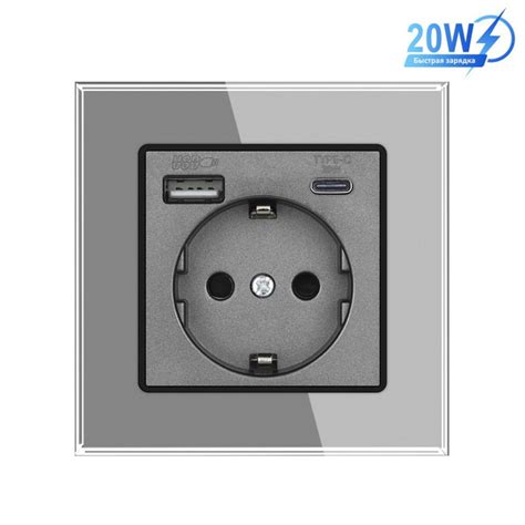 Розетка одинарная 1пост с Usb и Type C входами с быстрой зарядкой рамка стекло Серая купить
