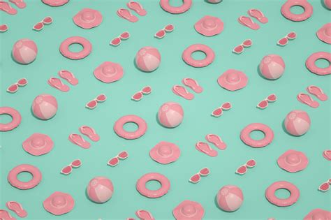 최소한의 여름 휴가 여행 배경 이소메트릭 뷰 선글라스 플립 플롭 비치 볼 과 선 햇 패턴 0명에 대한 스톡 사진 및 기타 이미지 Istock