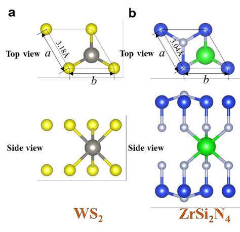 Atomic Structures Of The Ws2 A And Zrsi2n4 B Monolayers The W Si