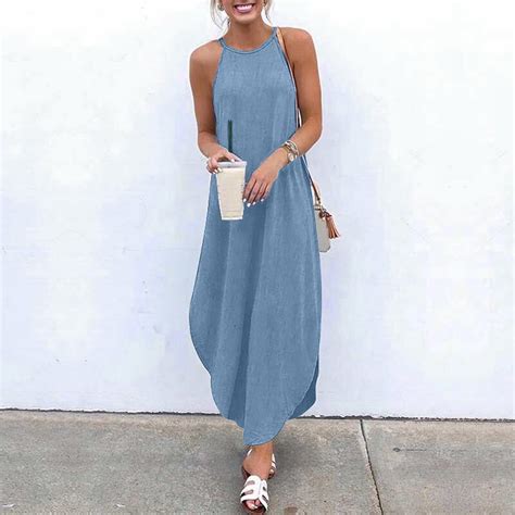 Sakmal Casual Summer Dresses For Women Crew Neck Maxi Blue Solid Denim