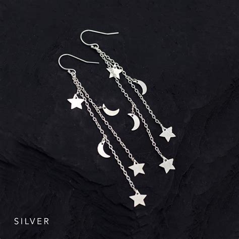 Gold Celestial Earrings Crescent Moon And Stars Long Chain Earrings