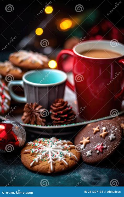 Close Up Of Christmas Cookies And Hot Cocoa Stock Illustration Illustration Of Holiday