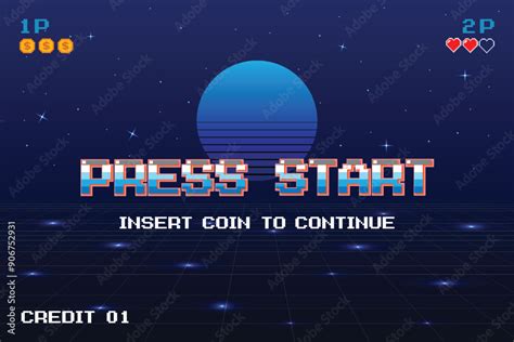 press start insert a coin to continue pixel art 8 bit game retro