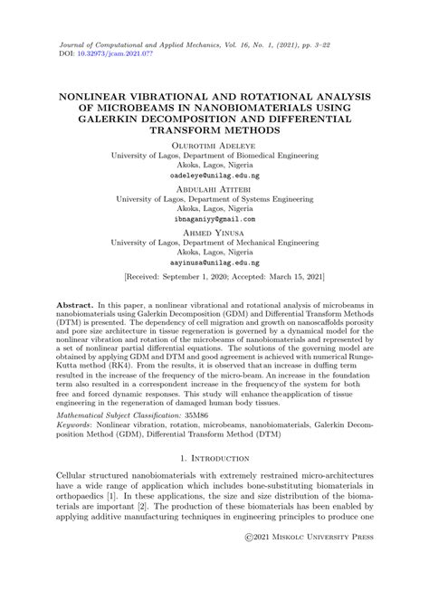 Pdf Nonlinear Vibrational And Rotational Analysis Of Microbeams In Nanobiomaterials Using