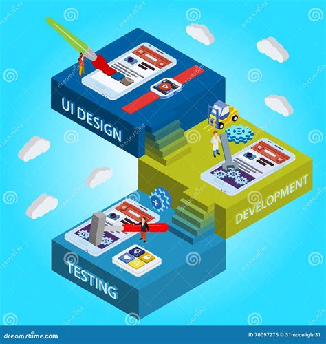 process of app development flat 3d isometric ui design stock vector