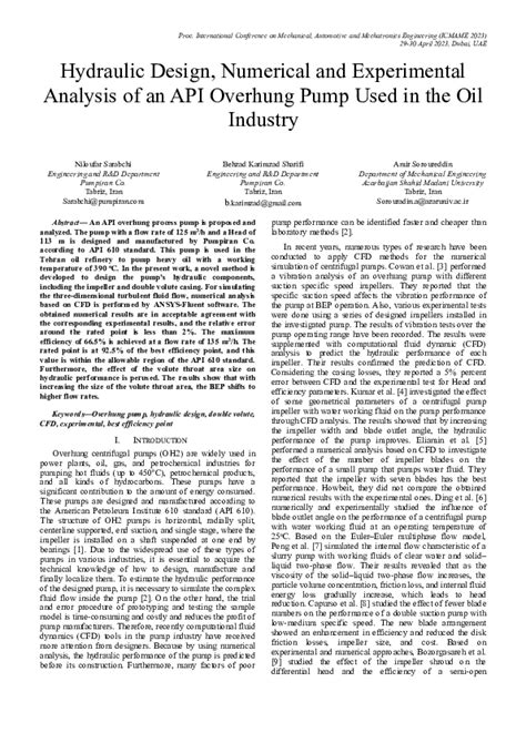 Pdf Hydraulic Design Numerical And Experimental Analysis Of An Api Overhung Pump Used In The
