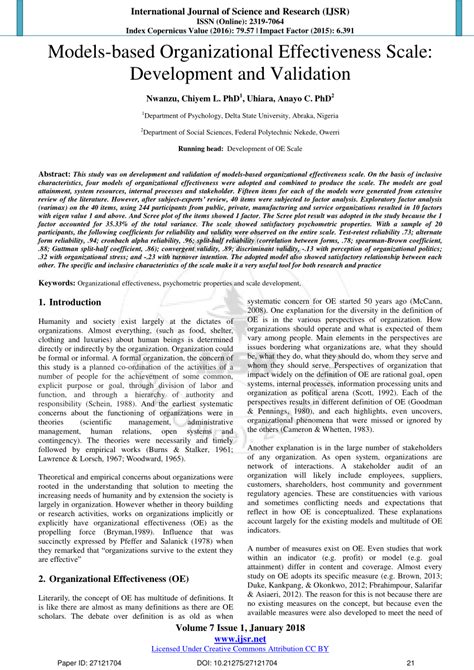 Pdf Models Based Organizational Effectiveness Scale Development And Validation