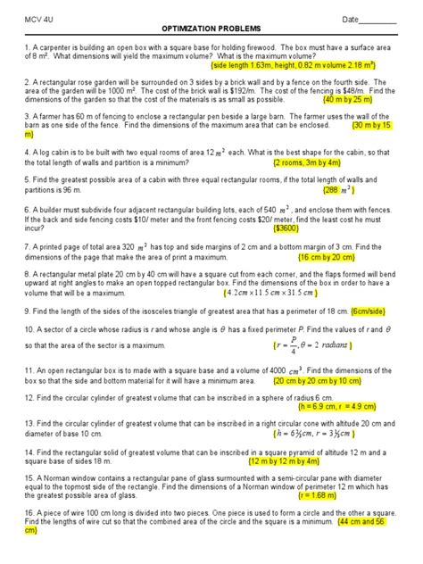 Optimization Worksheet Download Free Pdf Area Sphere