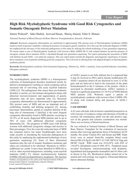 Pdf High Risk Myelodyplastic Syndrome With Good Risk Cytogenetics And Somatic Oncogenic Driver