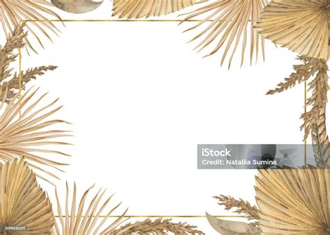 열대 잎 말린 야자수 잎을 가진 수채화 보헤미안 프레임 웨딩 디자인 초대장을 위한 베이지색 요소 갈색에 대한 스톡 벡터 아트 및 기타 이미지 Istock