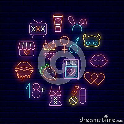 Sex Shop Circle Layout With Neon Icons Round Template Signboard Intimate Store Vector Stock