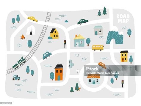 아이의 방에 대한 귀여운 마을지도 손으로 그린 벡터 그림입니다 침구용 보육 컨셉 포스터 지도에 대한 스톡 벡터 아트 및 기타 이미지 Istock