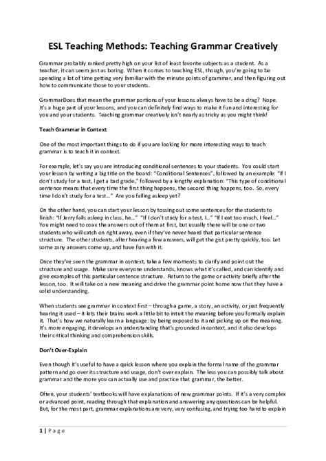 Pdf Esl Teaching Methods Teaching Grammar Creatively