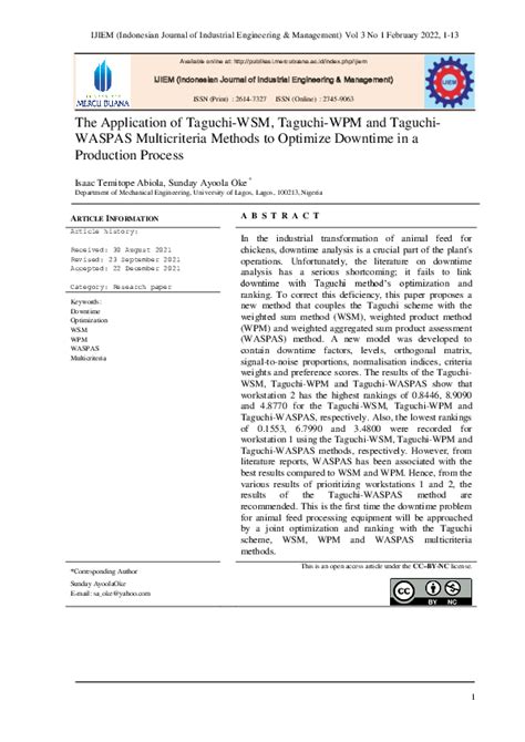 pdf the application of taguchi wsm taguchi wpm and taguchi waspas