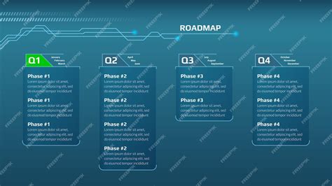 파란색 배경에 기술 스타일의 수평 분기별 로드맵 비즈니스 프레젠테이션 벡터를 위한 타임라인 인포그래픽 템플릿 프리미엄 벡터