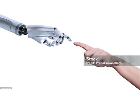 클리핑 경로가 있는 격리된 흰색 배경에 접촉하는 인간과 로봇 손가락 인공 지능 기술 개념을 가진 사람들의 통합 및 조정 3d