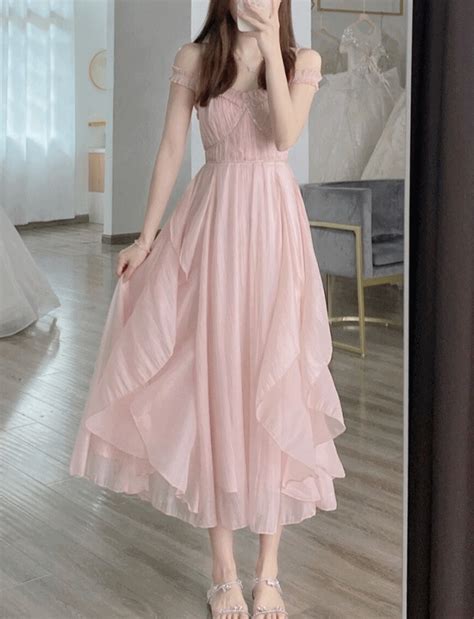 레드베리 당일출고셀프웨딩브라이덜샤워 핑크 샤 웨딩드레스 소프트 레이스 레이어드 캉캉 나시원피스 오프숄더 언발란스 A라인 롱스커트 여신 공주드레스 촬영룩