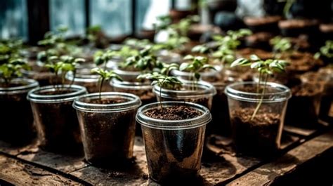 Premium Ai Image Seedlings In Plastic Cups Closeup Generative Ai