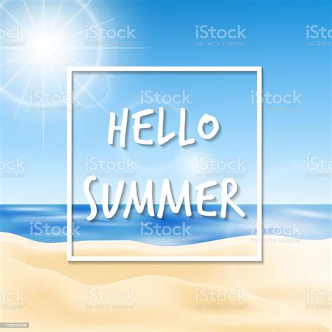 햇빛과 흰색 프레임 안녕하세요 여름 텍스트와 푸른 하늘에 해변의 해변보기와 여름 휴가 배경 벡터 그림입니다 0명에 대한 스톡 벡터 아트 및 기타 이미지 Istock